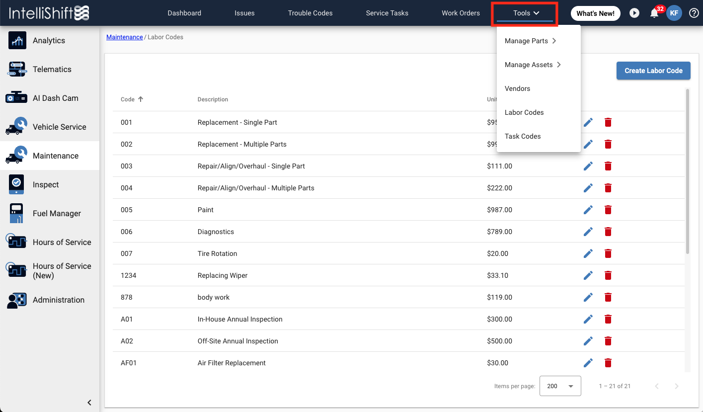 View, Add, Edit, and Delete Labor Codes